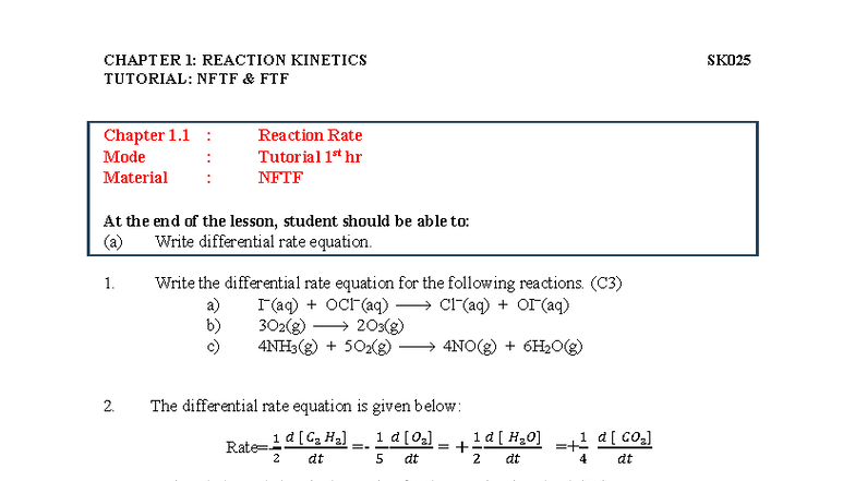 CHAPTER 1: REACTION KINETICS TUTORIAL: NFTF FTF SK025 - Studocu