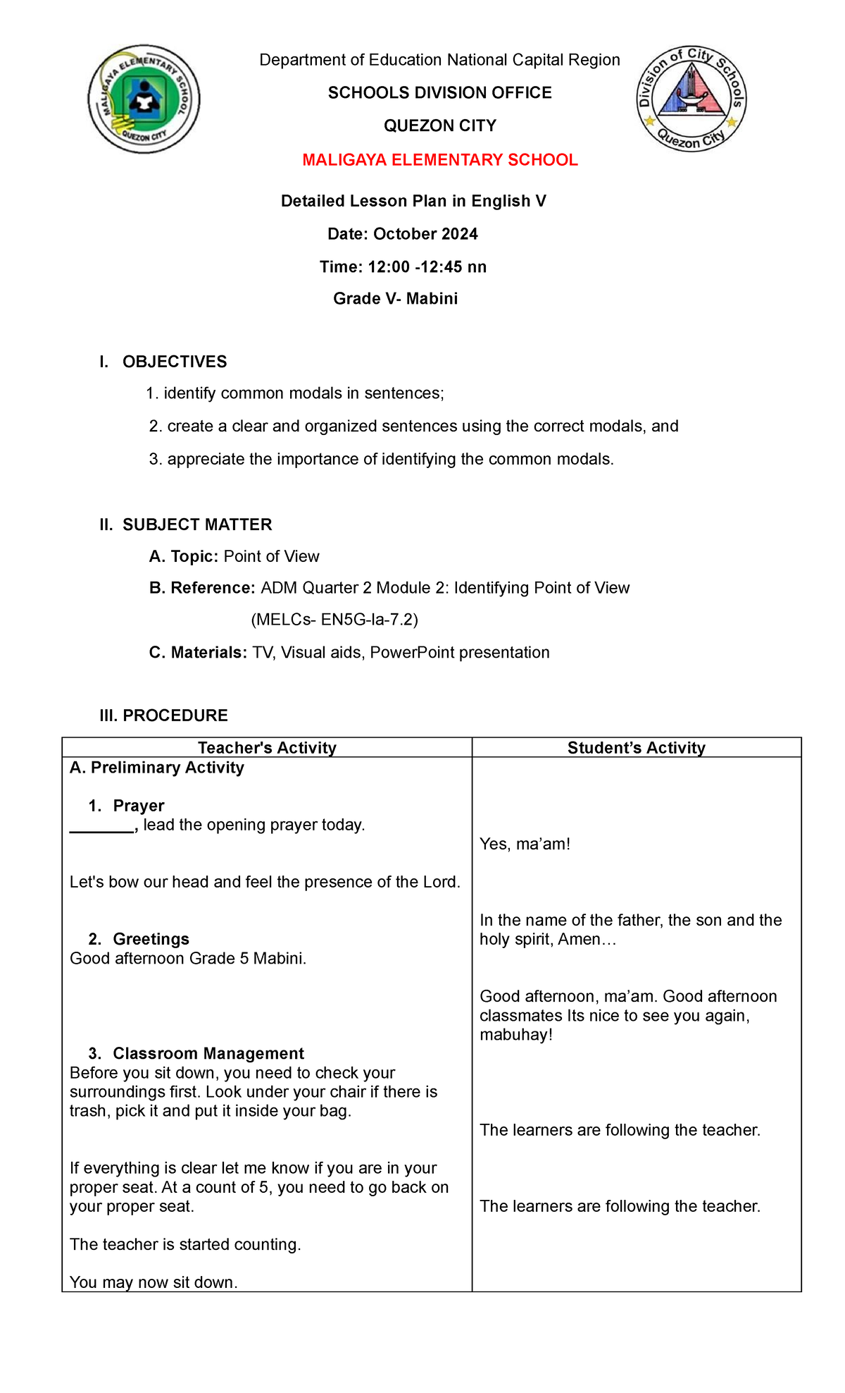 Detailed Lesson Plan on Point of View for English V (DLP) - Studocu