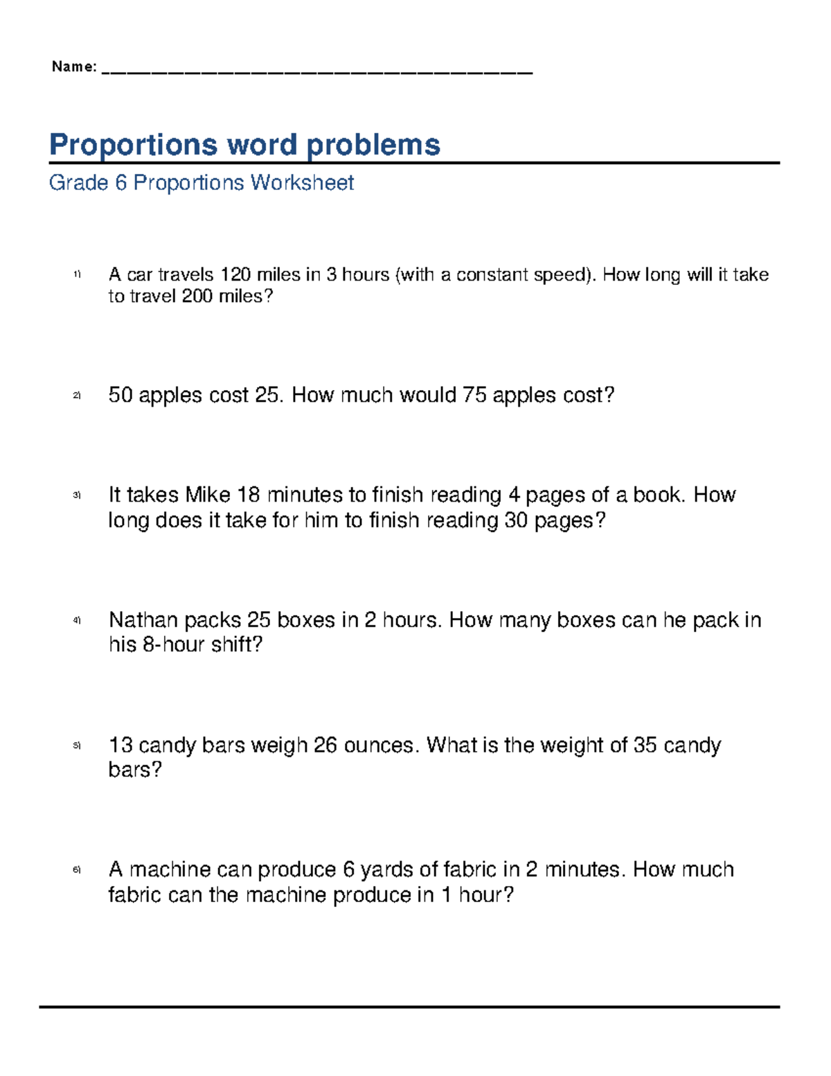 Grade 6 Proportions Worksheet: Word Problems Practice - Studocu