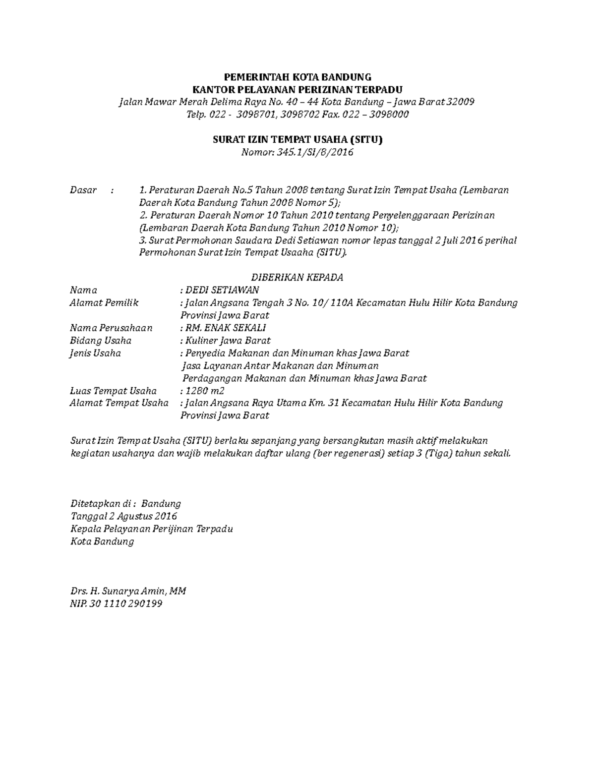 Surat Izin Tempat Usaha (SITU) untuk RM. Enak Sekali di Bandung - Studocu