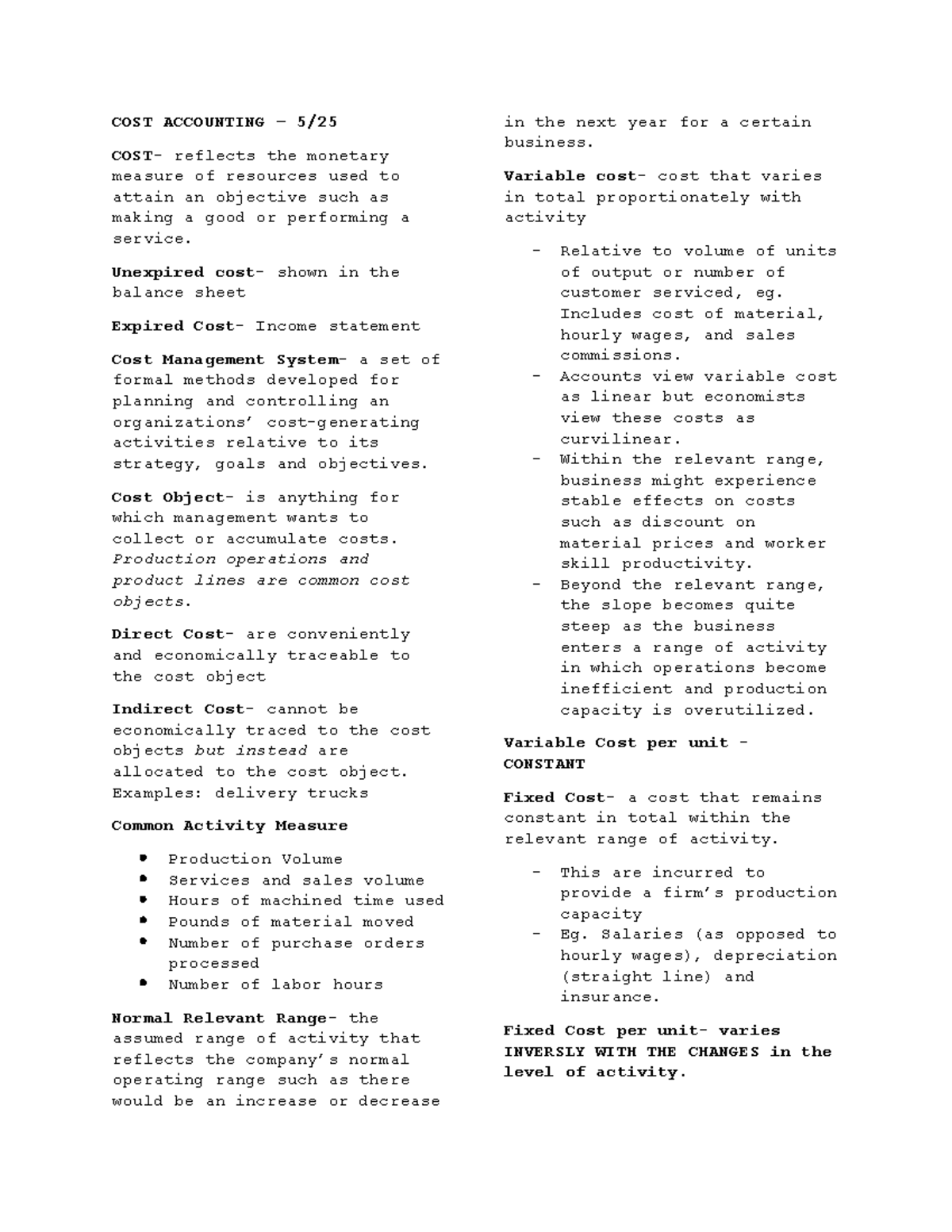COST Accounting - Comprehensive Study Notes for Final Exam - Studocu