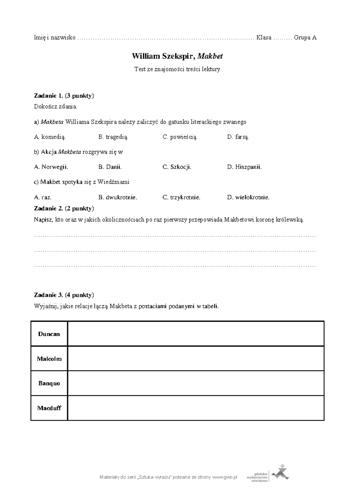 Test makbet szekspira b 1 pdf - Imię i nazwisko - Studocu