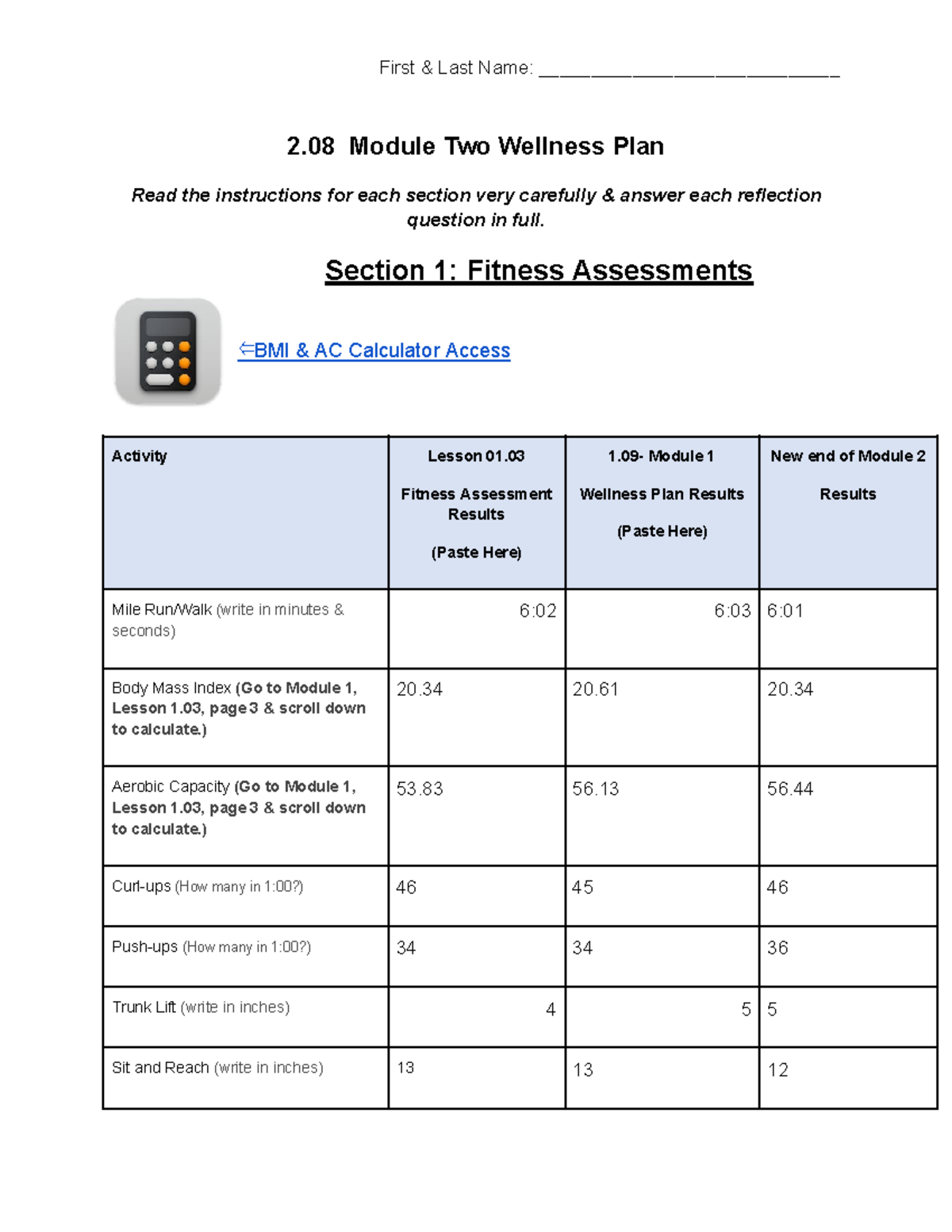 Updated 2.08 Module 2 Wellness Plan: Fitness Assessment & Reflections ...