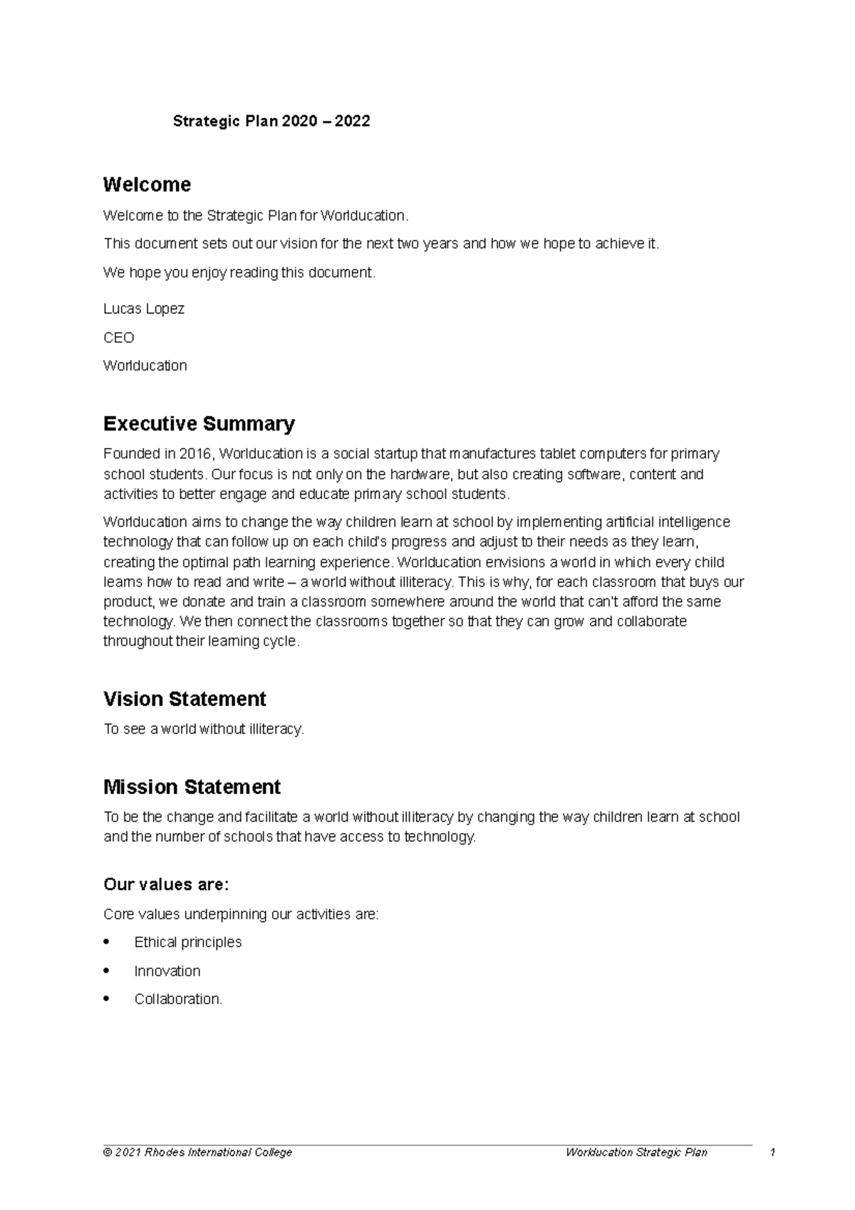 BSBCRT 411 Worlducation Strategic Plan 2020-2022 Overview - Studocu