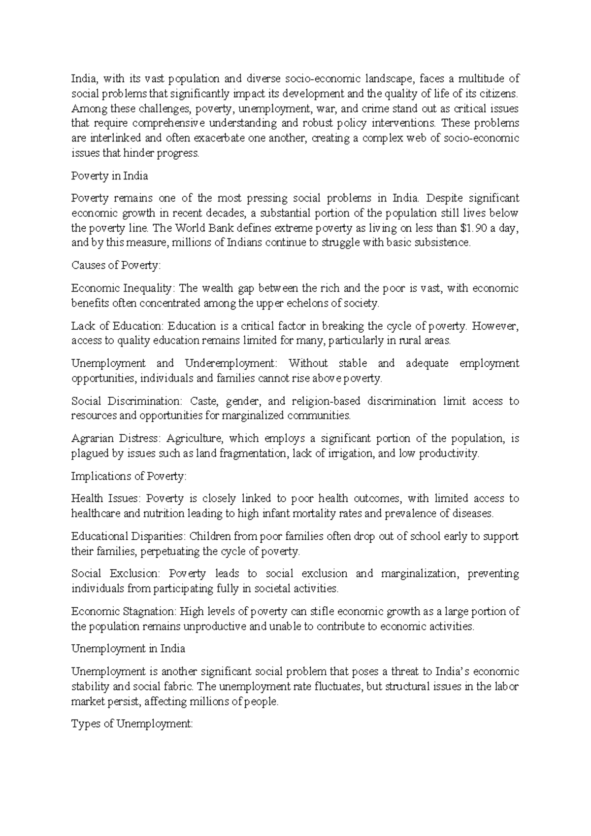 UNIT 9 LAW School Notes: Social Issues in India - Poverty, Unemployment ...