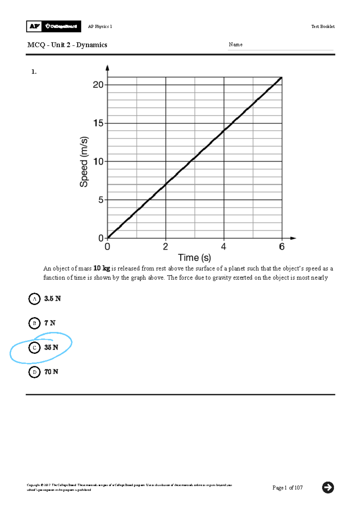 AP Physics 1 MCQ Unit 2 Dynamics Test Booklet - Studocu
