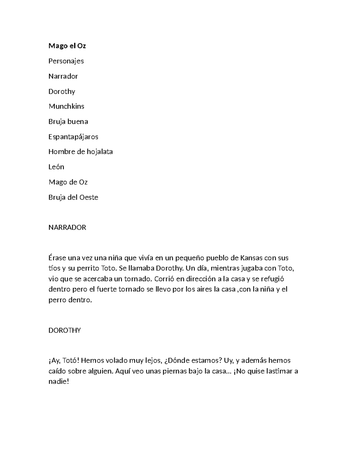 Mago de Oz - Guión Adaptado para Clase de Literatura 2023 - Studocu