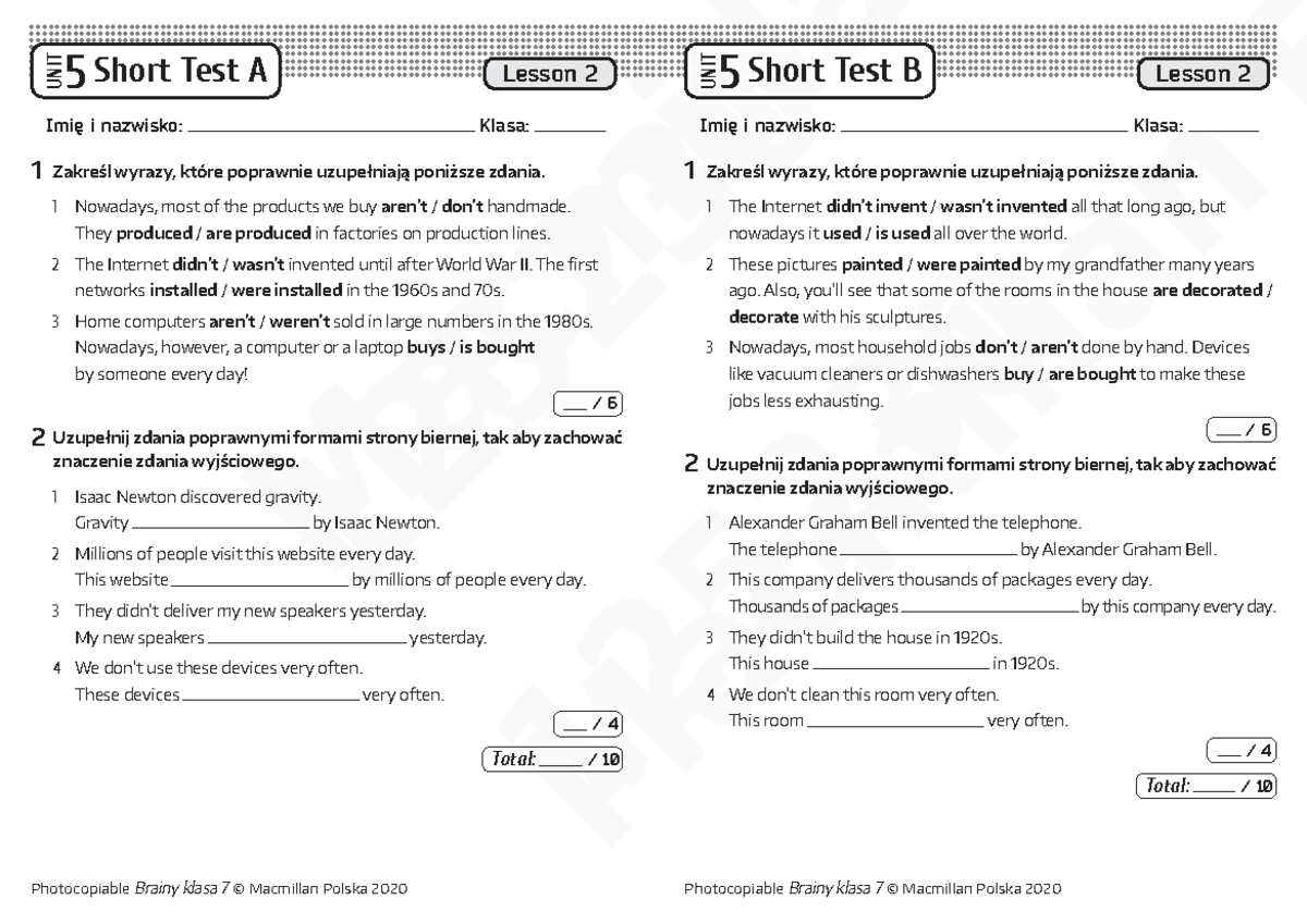 Brainy kl7 Short Tests: Unit 5 Lesson 2 Review - Studocu