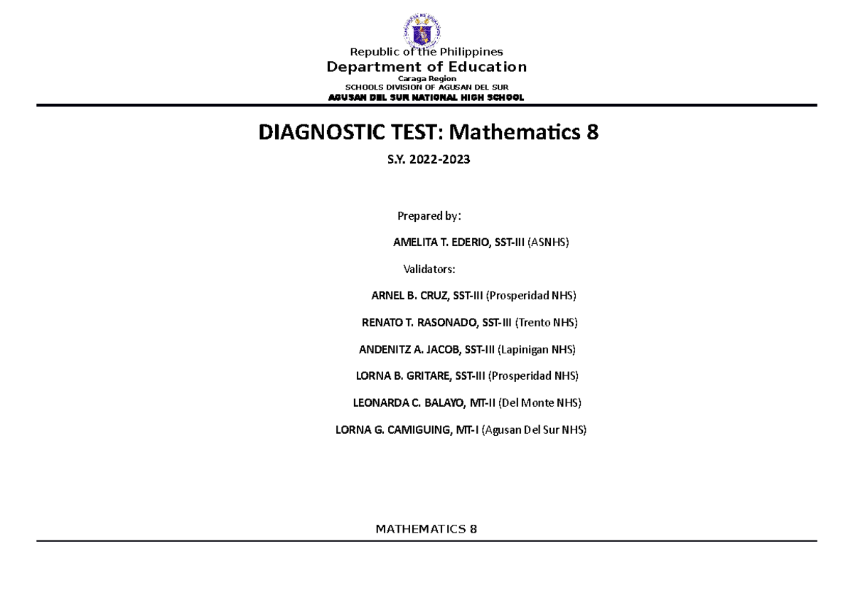 Diagnostic Test for Mathematics 8 (SY 2022-2023) TOS TQ KA - Studocu