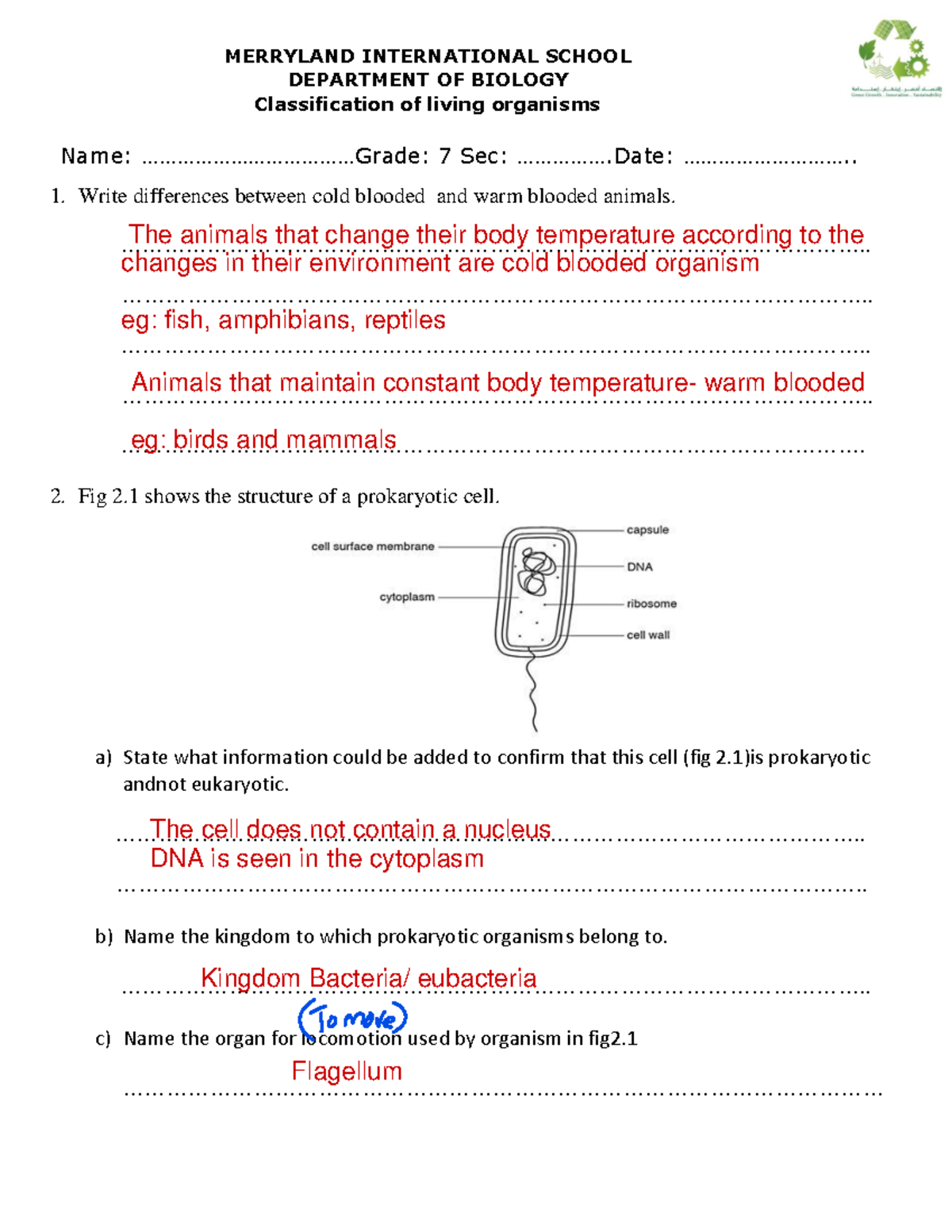 Biology 7: Classification of Living Organisms - Answer Key Worksheet ...