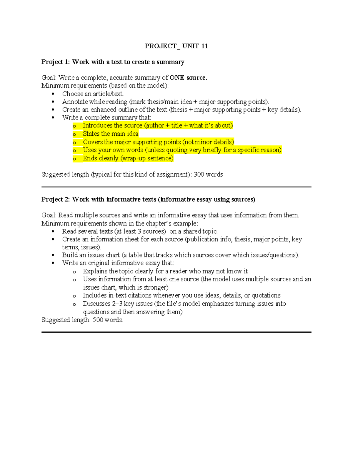 Unit 11: Project Guide for Summary, Informative & Argument Essays - Studocu