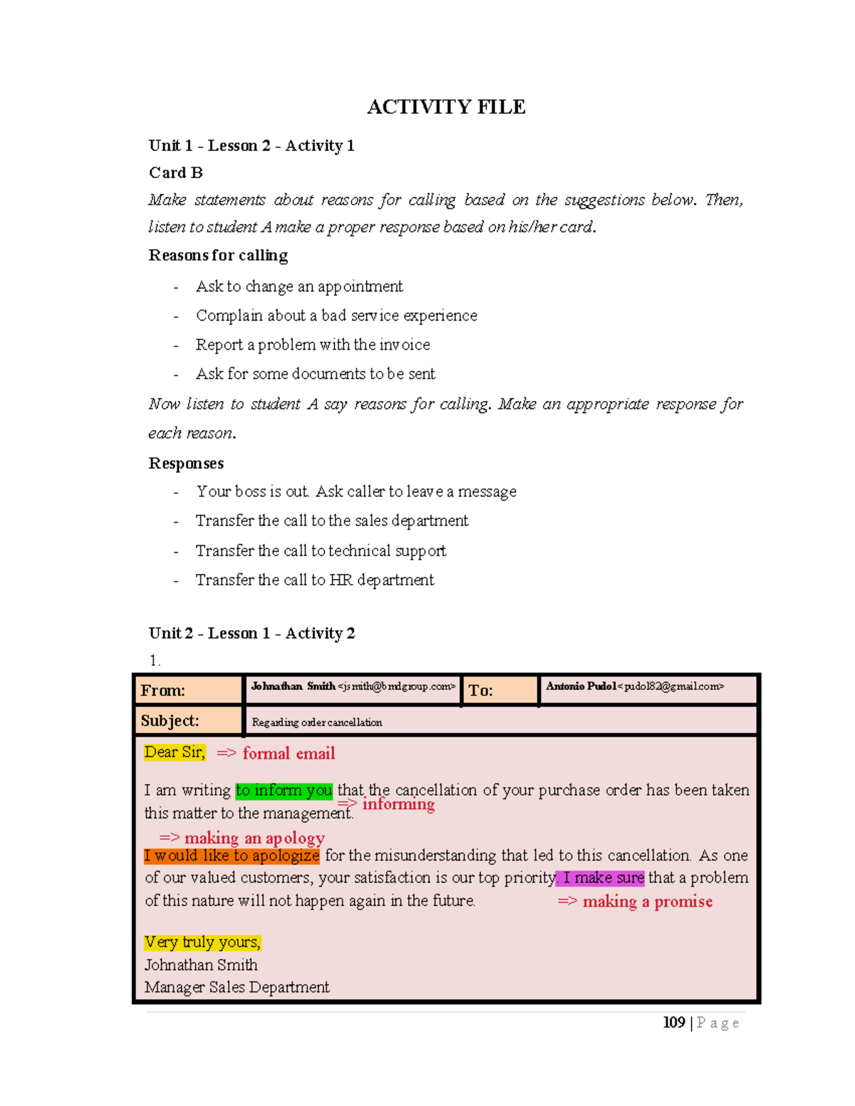 Unit 2 Activity File - Communication Exercises & Email Responses - Studocu