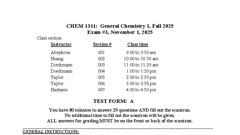 CHEM 1311: General Chemistry 1 Exam #3 Solutions, Nov 1, 2025 - Studocu