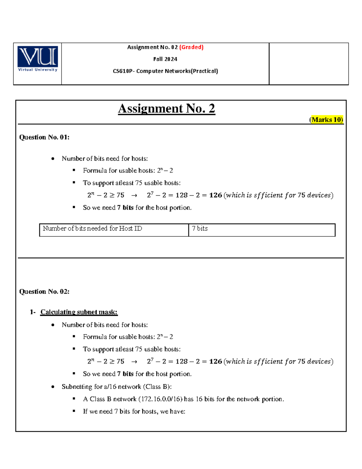 Fall 2024 CS610 P 2 - Assignment No. 0 2 (Graded) Fall 2024 CS 610 P- Computer Networks ...