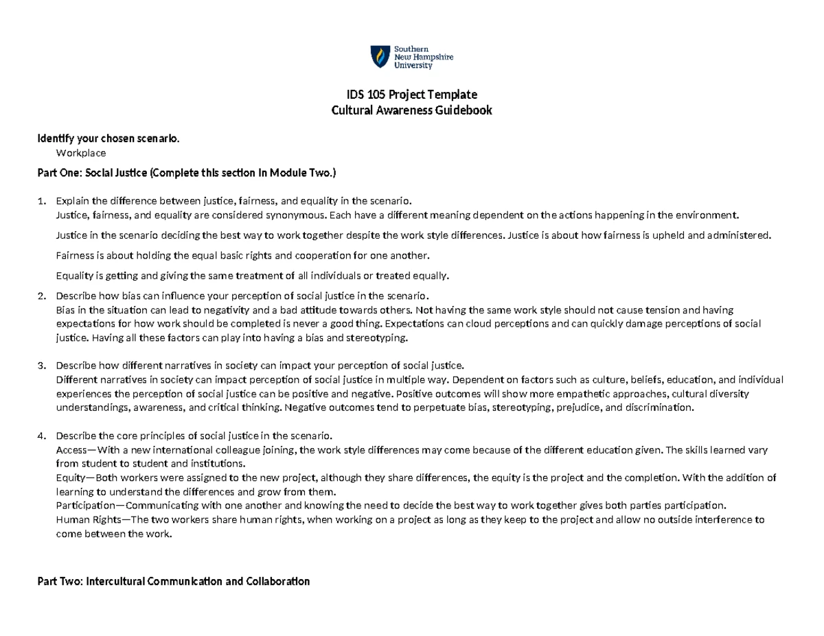 IDS 105 Project Guide: Cultural Awareness & Social Justice Module 4 ...