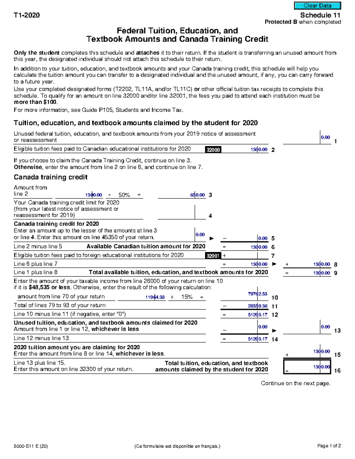 Schedule 11 T1-2020: Federal Tuition and Education Amounts Long Form ...