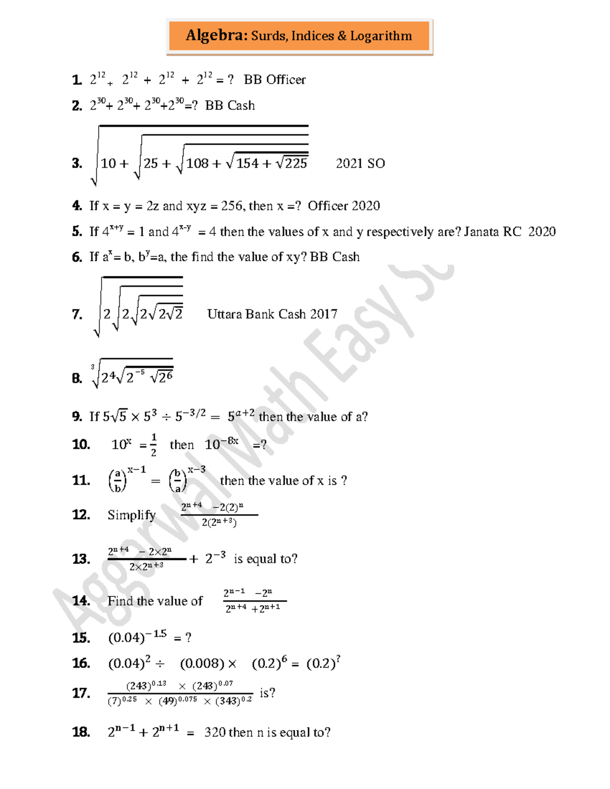 Algebra 2 - knowledge - 1. 2 12 + 2 12 + 2 12 + 2 12 =? BB Officer 2. 2 ...