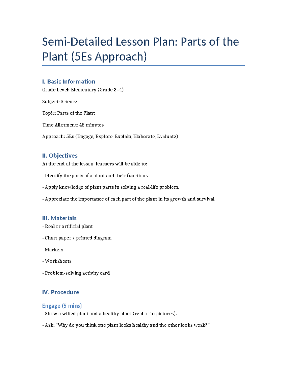 Semi-Detailed Lesson Plan: Parts of the Plant (5Es Approach) - Studocu