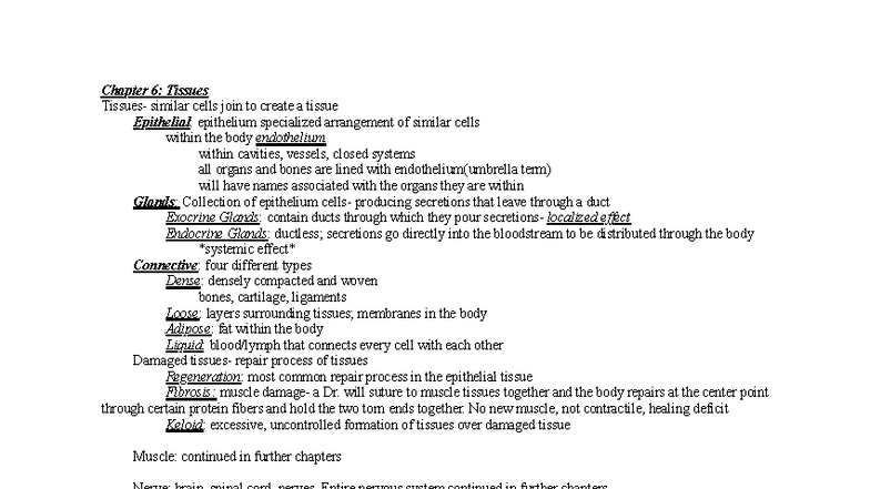 Chapter 6 & 7: Tissues and Integumentary System Overview - Studocu