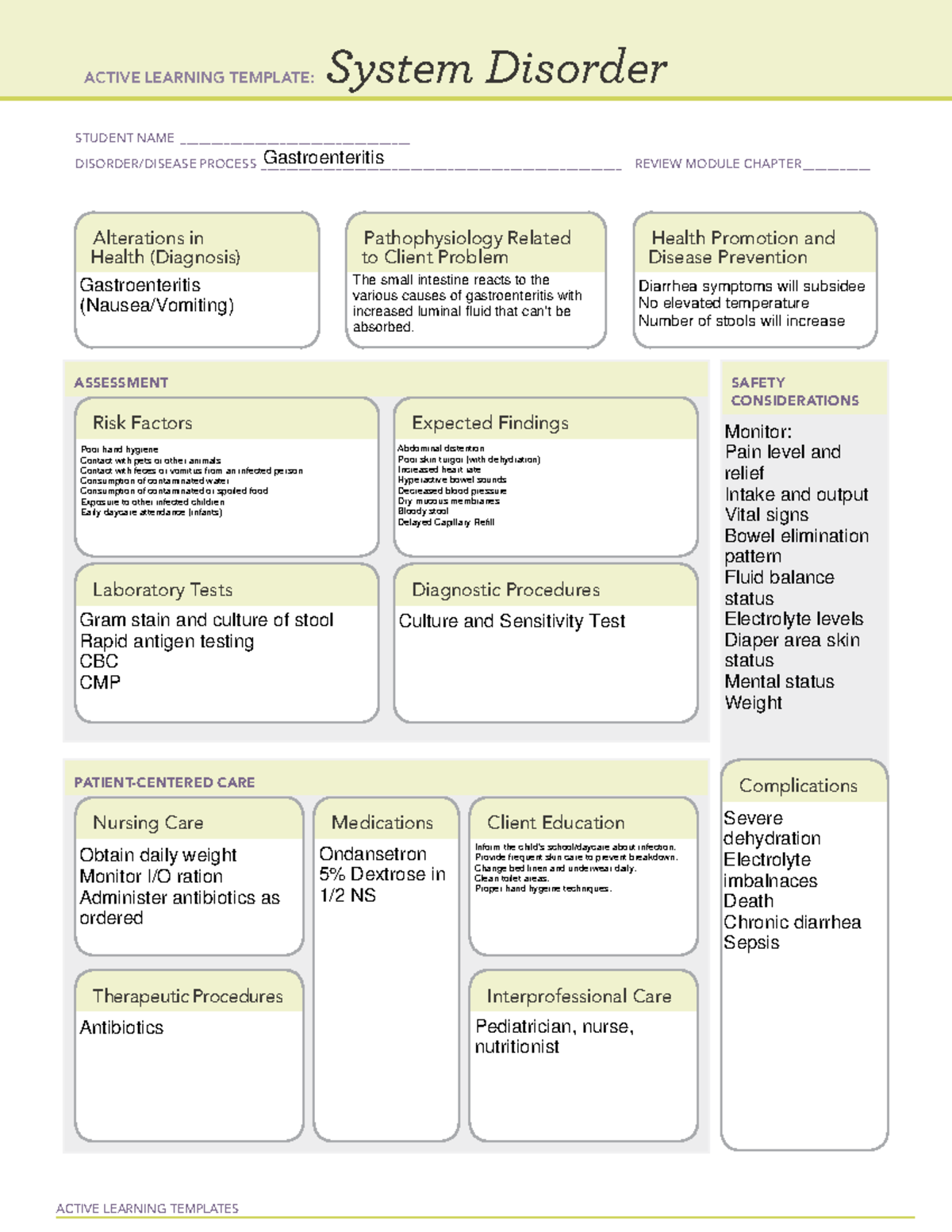 ATI System Disorder: Gastroenteritis Active Learning Template - Studocu