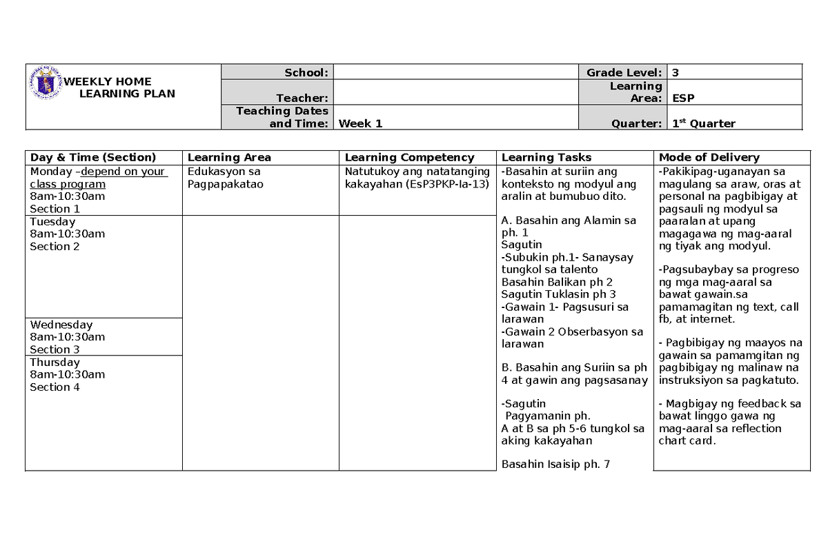 WHLP- Grade 3 (Q1 Week 1-ESP) - WEEKLY HOME LEARNING PLAN School: Grade ...