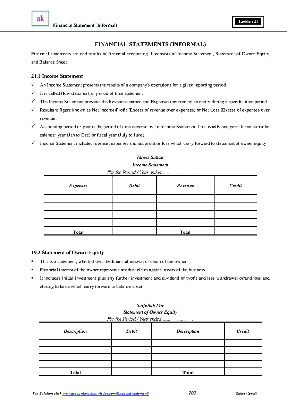 Lesson 21: Informal Financial Statements Overview - Principles of ...