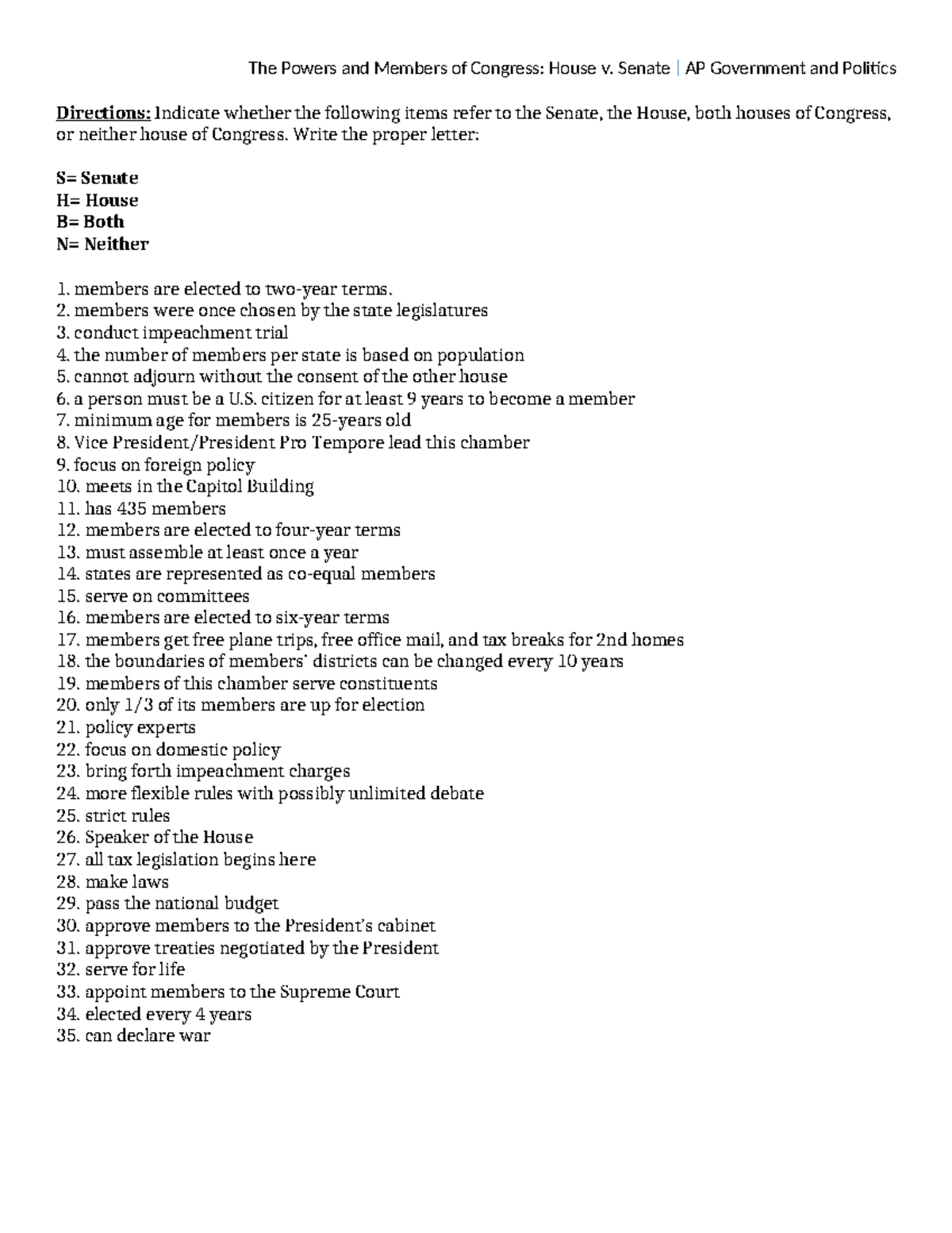 Powers and Members of Congress: House vs. Senate | AP Gov. Quiz - Studocu