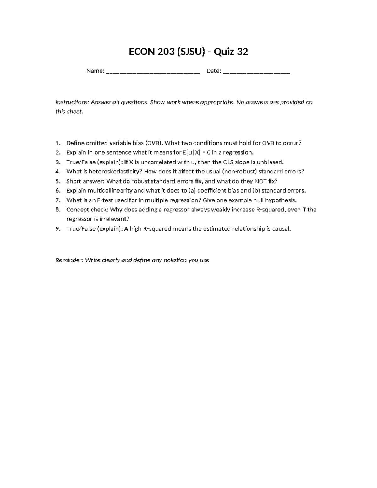 ECON 203 (SJSU) Quiz 32: Key Concepts in Regression Analysis - Studocu