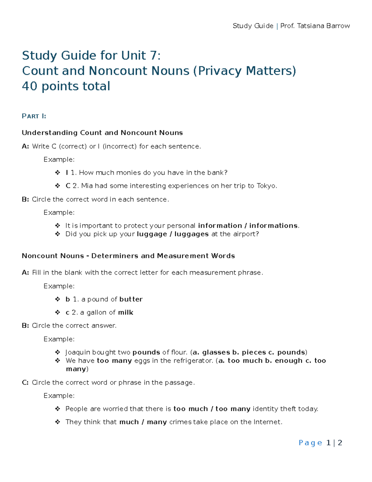 Study Guide for Test on Unit 7 Count and Noncount Nouns - Study Guide ...