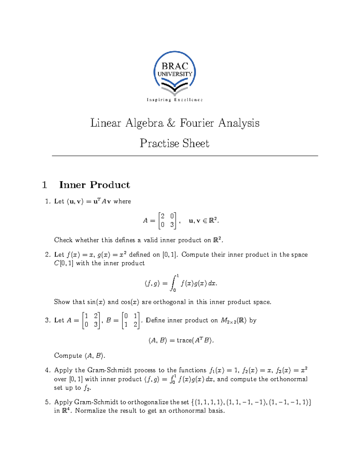 MAT216 Linear Algebra & Fourier Analysis Practise Sheet 1 - Studocu