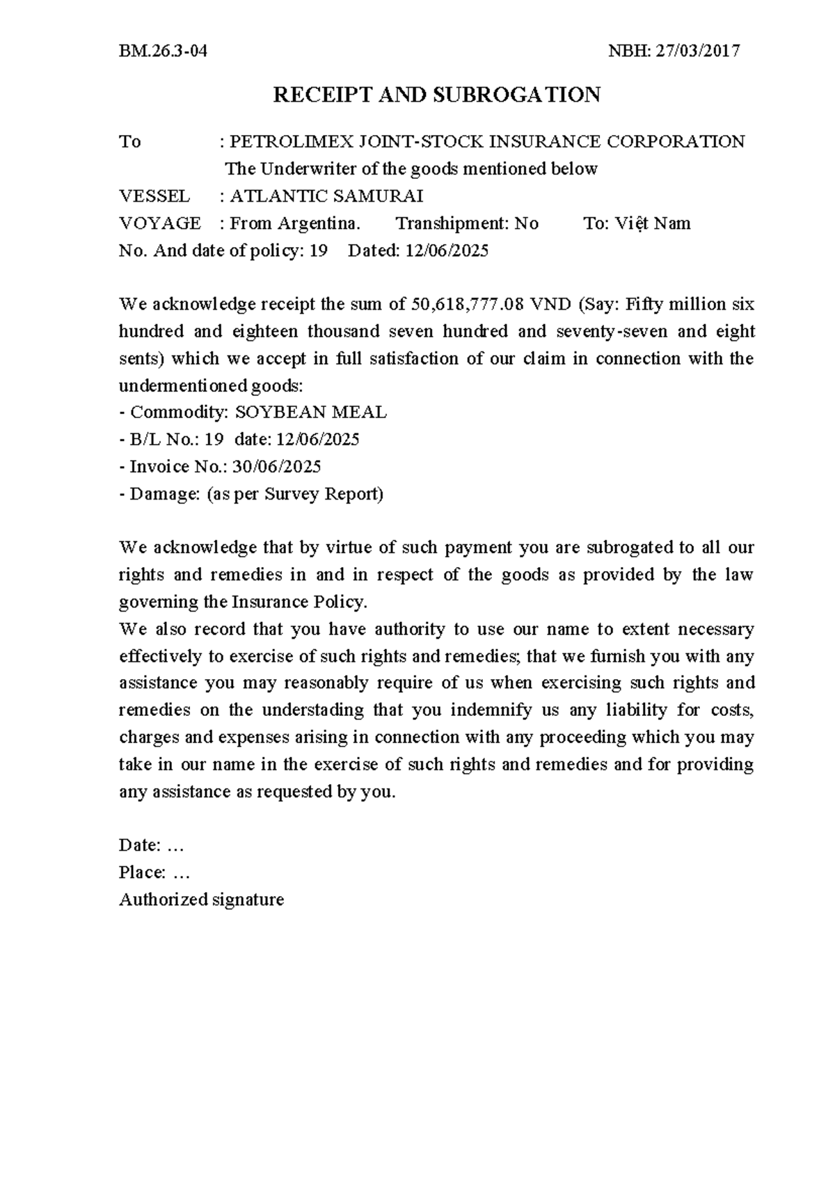 NBH: Receipt & Subrogation for MV Spitha - Policy No. 19 - Studocu