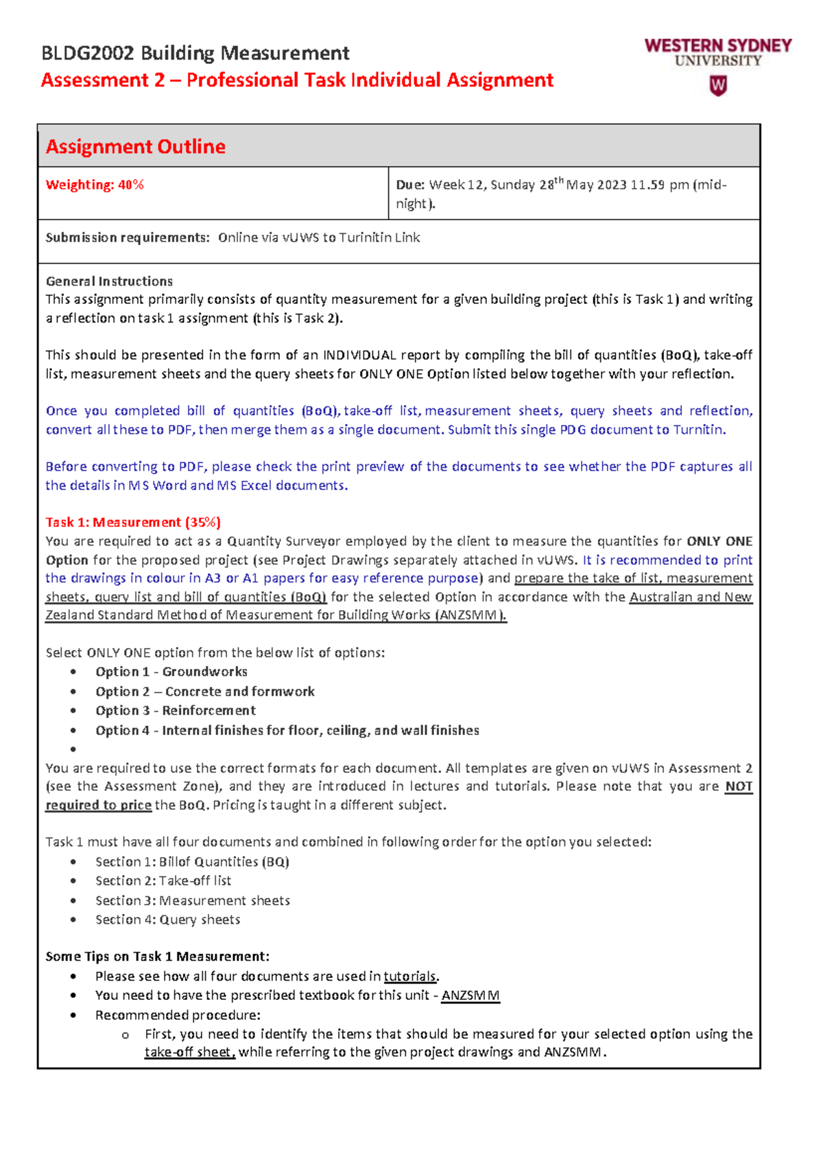 BLDG2002 Assessment 2: Building Measurement Professional Task Outline ...