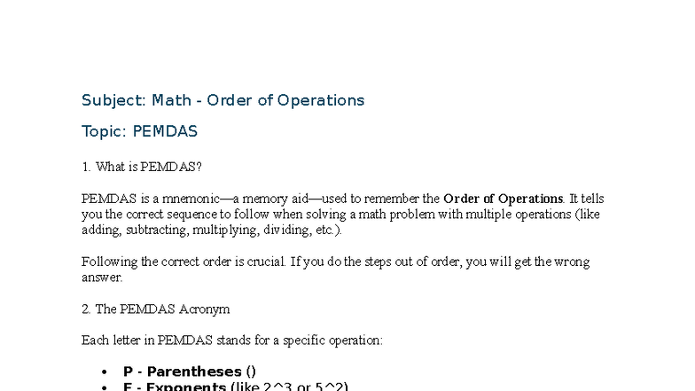 Math Order of Operations: Understanding PEMDAS - Studocu