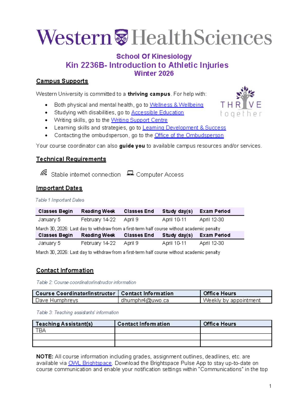 KIN 2236 Course Outline: Introduction to Athletic Injuries Winter 2026 ...