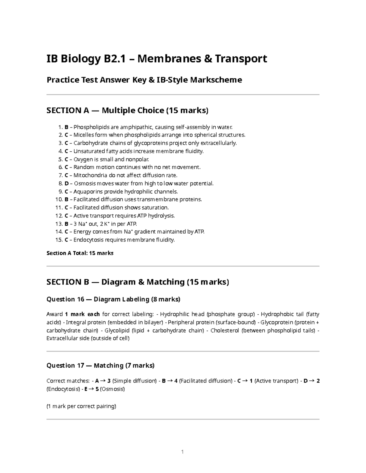 IB Biology B2.1 Membranes Transport Practice Test Answer Key - Studocu