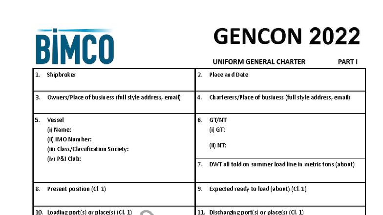 GENCON 2022 Charter Party Agreement and Terms - Studocu