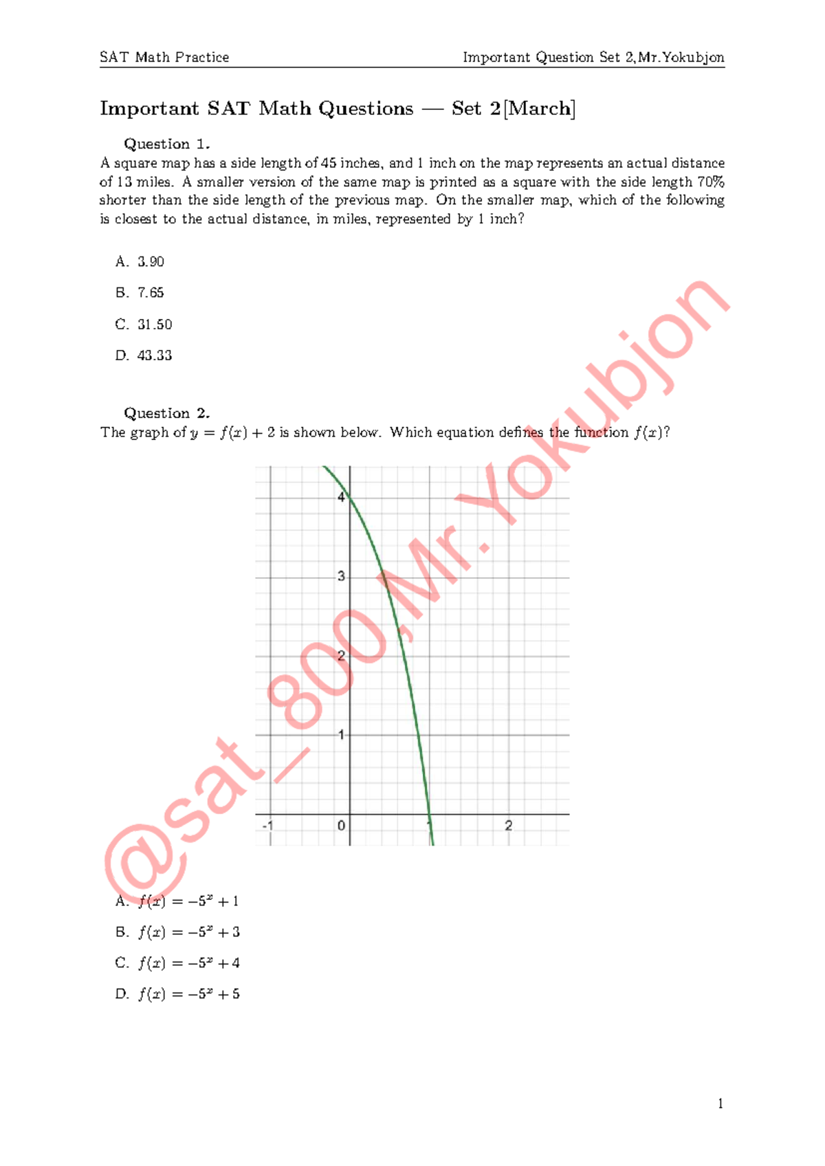 SAT Math Practice Important Questions Set 2 - Mr. Yokubjon - Studocu