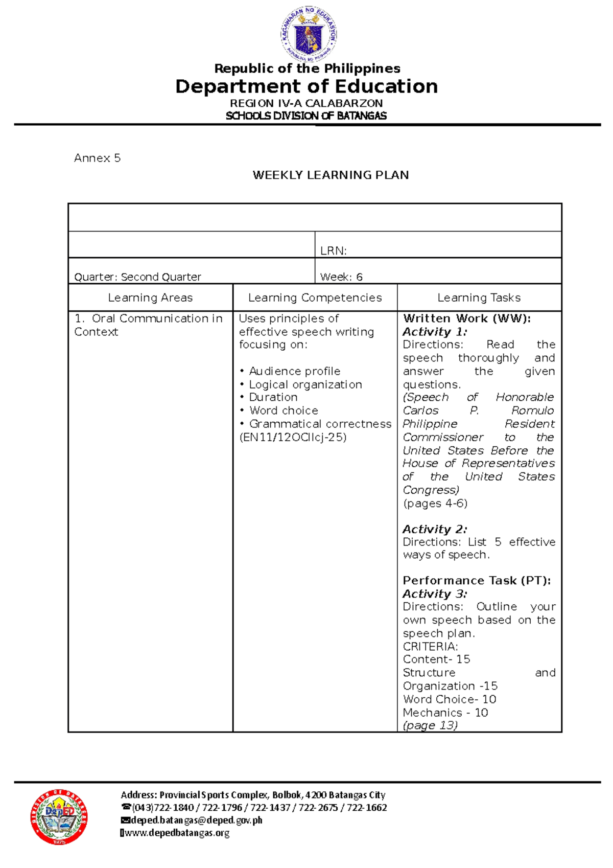 ADM-Annex-Weekly Learning Plan-ORAL Communication-week 6 - Department ...