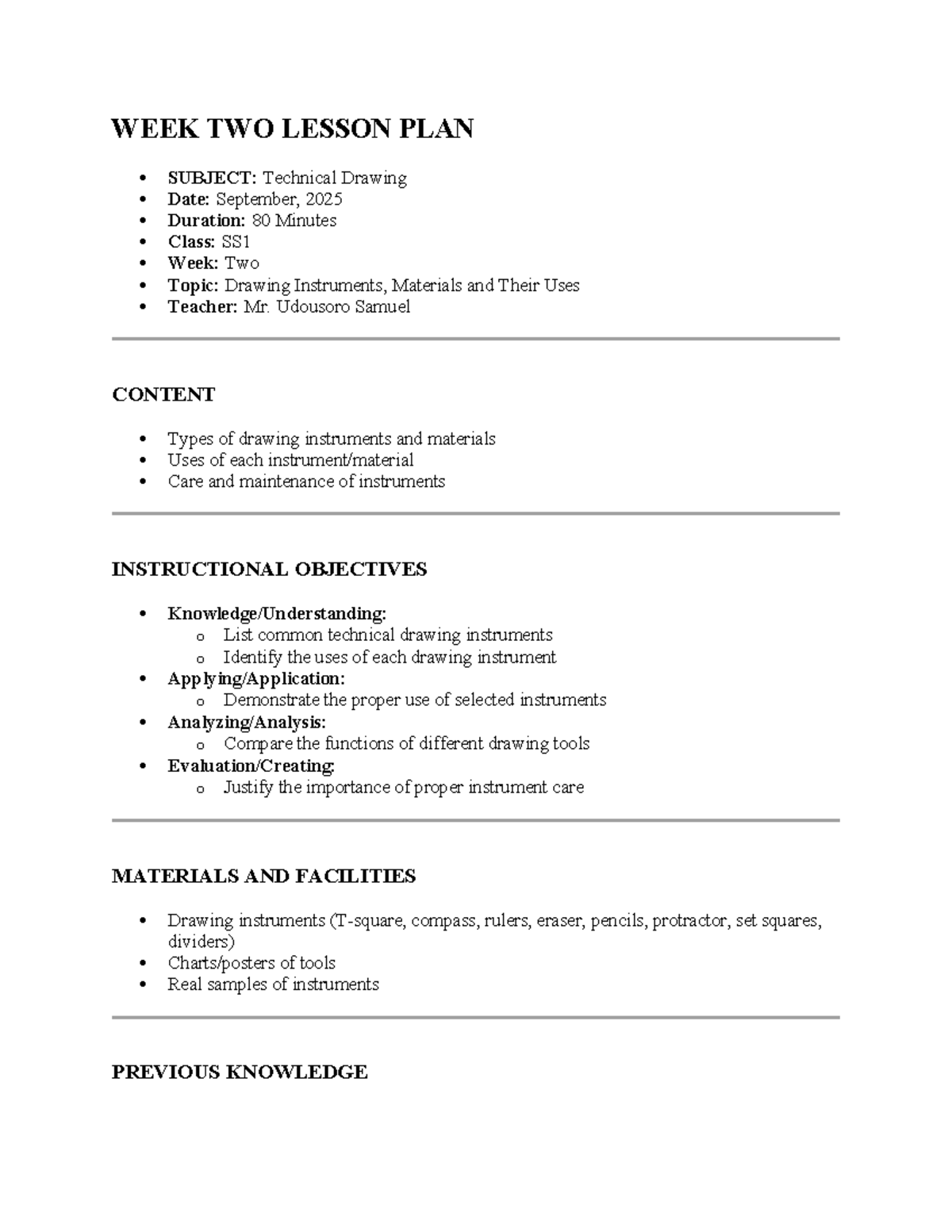 WEEK TWO LESSON PLAN: TECHNICAL DRAWING INSTRUMENTS & USES - Studocu