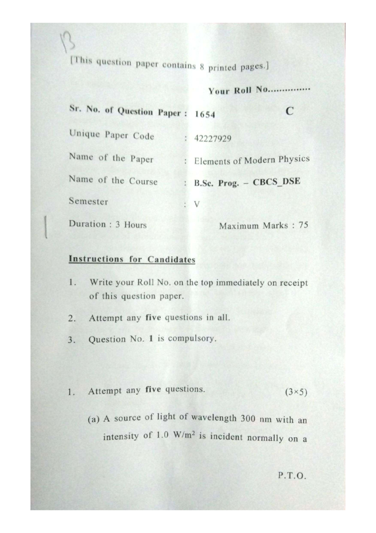 B.Sc. Prog. V Sem. Elements of Modern Physics Question Paper (1654 ...