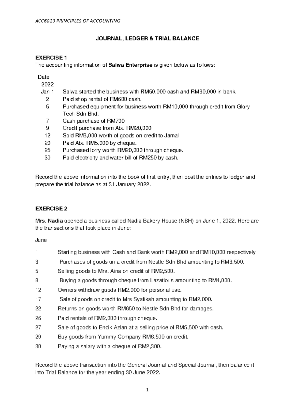 Exercises Journal: Accounting from Transactions to Trial Balance - Studocu