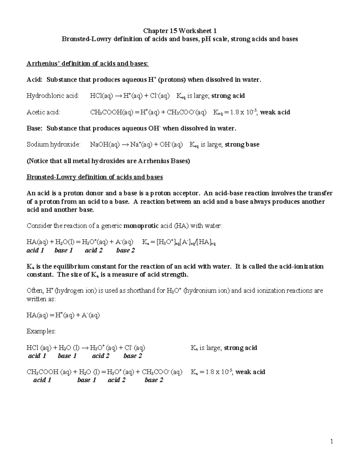 Chapter 15 Worksheet 1: Acids, Bases, and pH Scale Definitions - Studocu