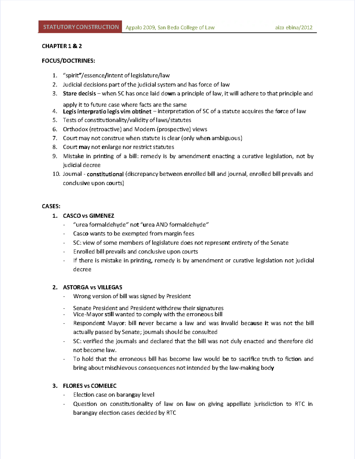 STATUTORY CONSTRUCTION NOTES & CASES (Agpalo 2009) - Chapter 1-5 - Studocu