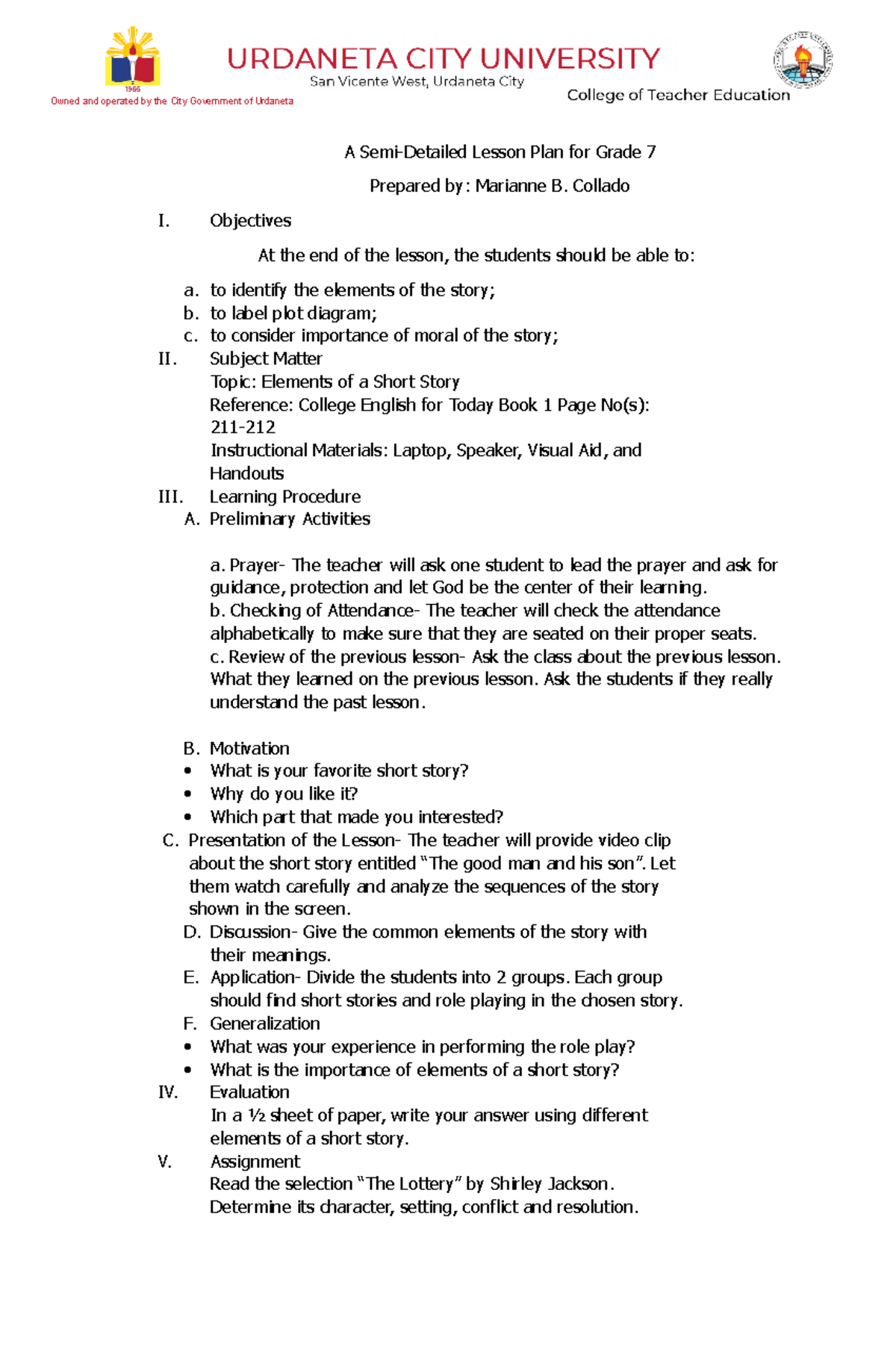 Grade 7 Lesson Plan: Elements of a Short Story Exploration - Studocu