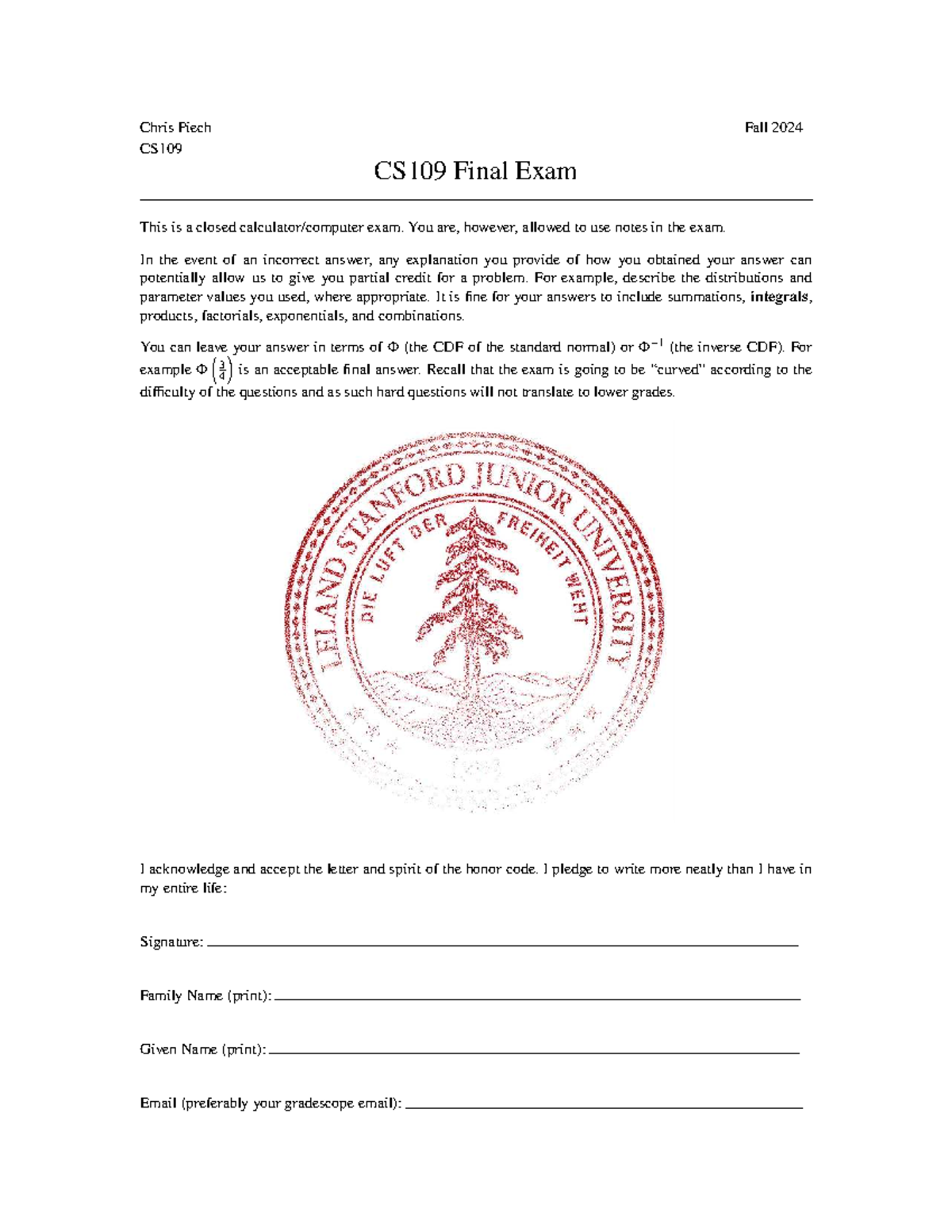 CS109 Fall 2024 Final Exam Solutions and Notes - Studocu