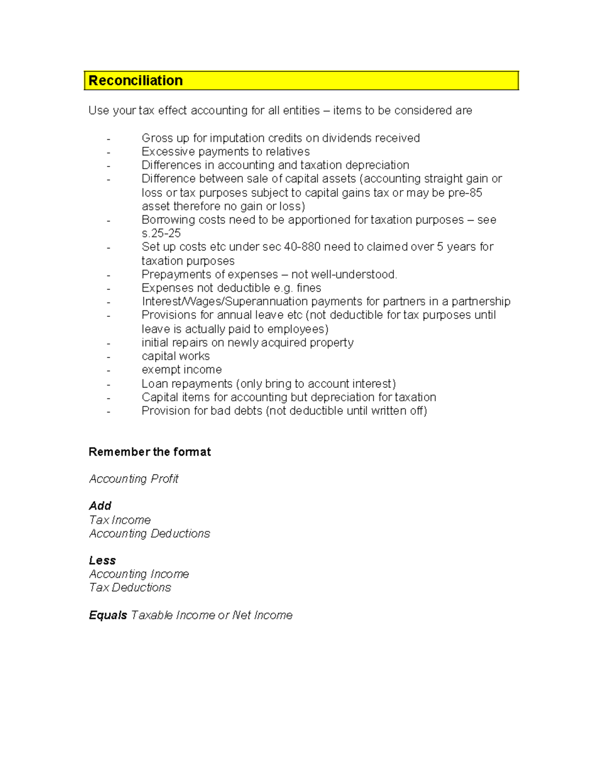 Tax Reconciliation and Income Calculation: Revision Notes for Lecture 3 ...