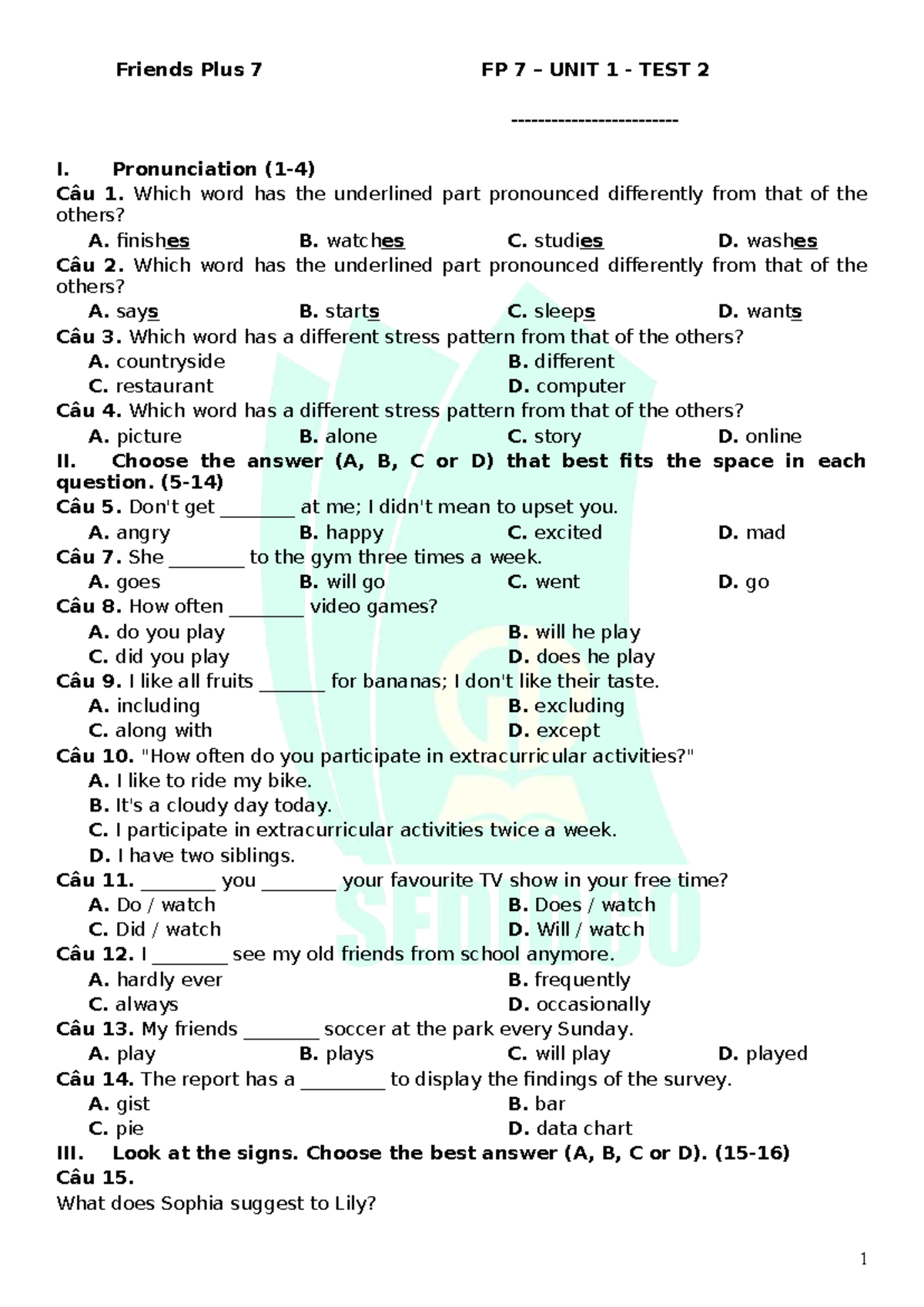 Ôn Tập Giữa Học Kì I - Friends Plus 7 FP 7 UNIT 1 TEST 2 - Studocu