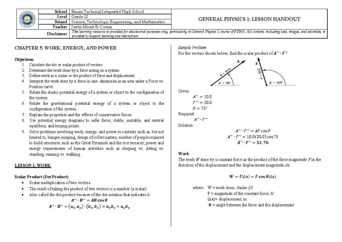 GENERAL PHYSICS 1: CHAPTER 5 - WORK, ENERGY, AND POWER (BTIHS) - Studocu