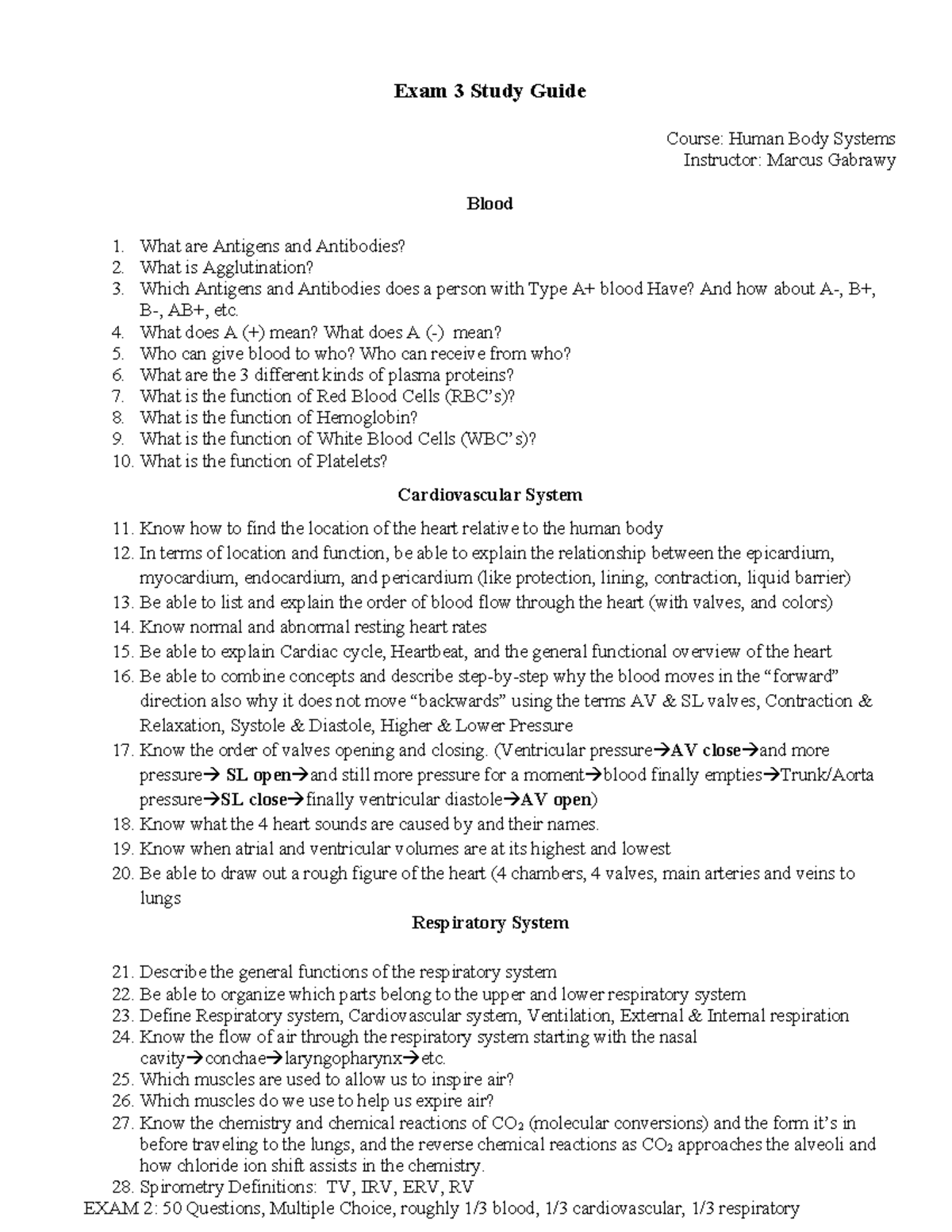 Human Body Systems Exam 3 Study Guide: Blood, Cardiovascular ...