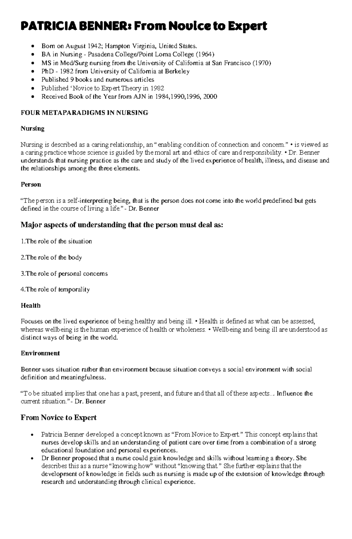 Patricia Benner: From Novice to Expert - PATRICIA BENNER: From Novice ...